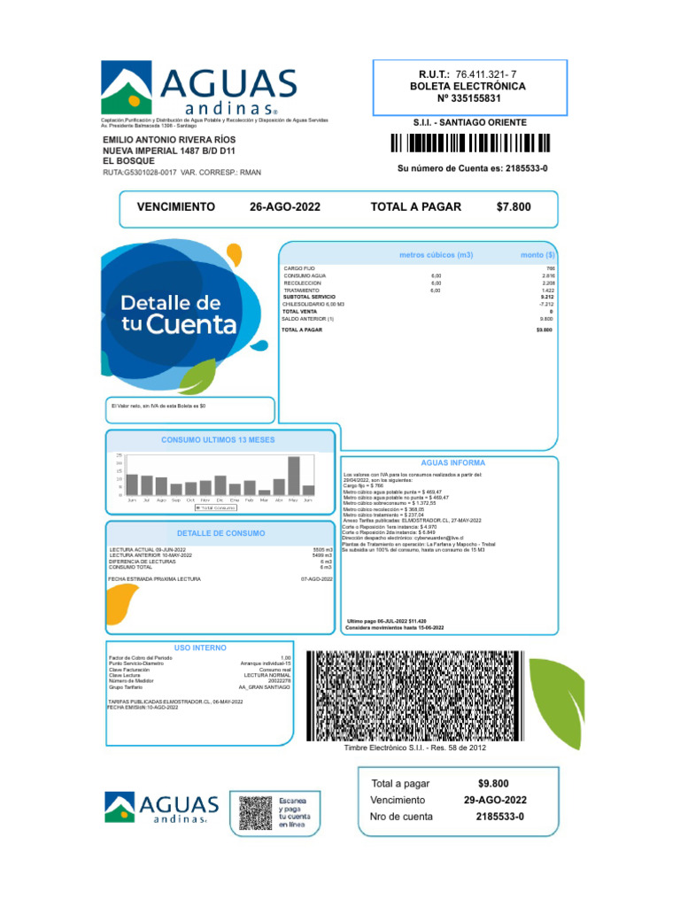 boleta agua | PDF | Agua | Abastecimiento de agua y saneamiento