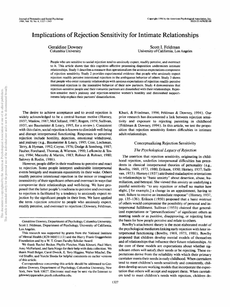 Implications of Rejection Sensitivity | PDF | Attachment Theory | Anxiety