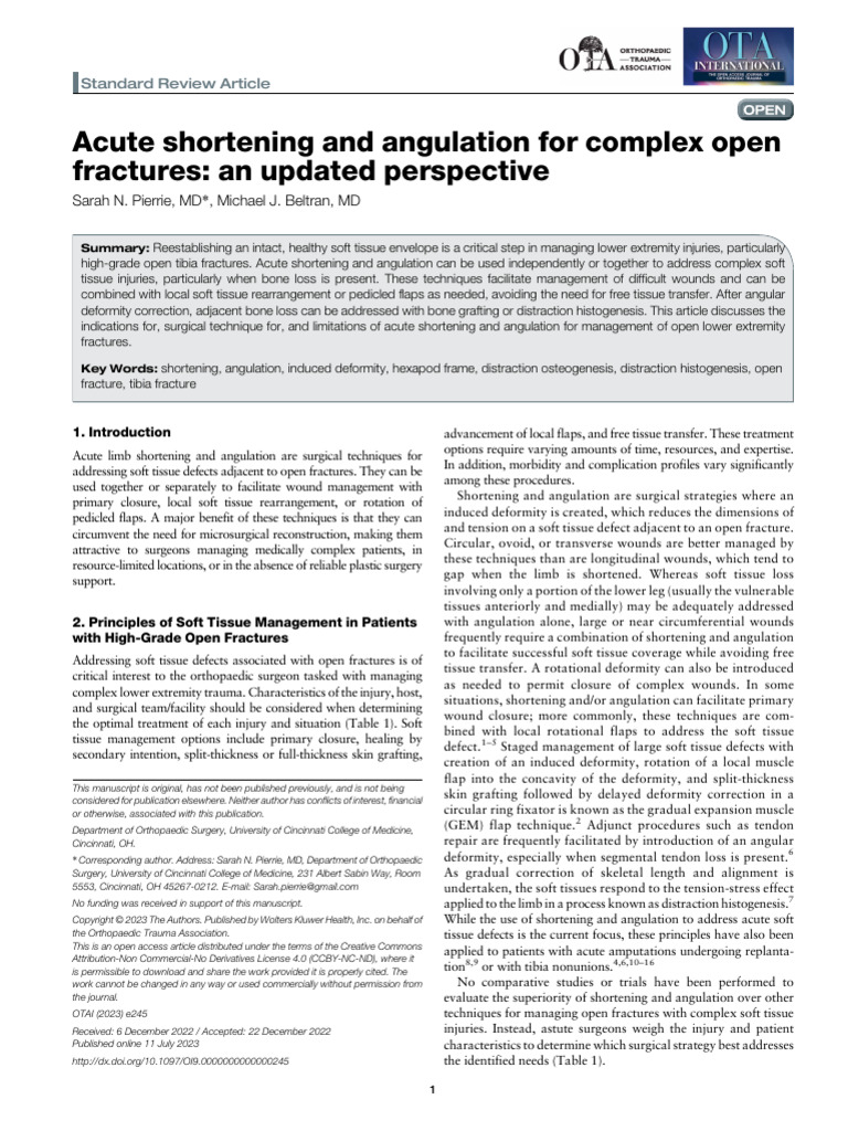 Acute Shortening and Angulation For Complex Open Fractures 2023 | PDF