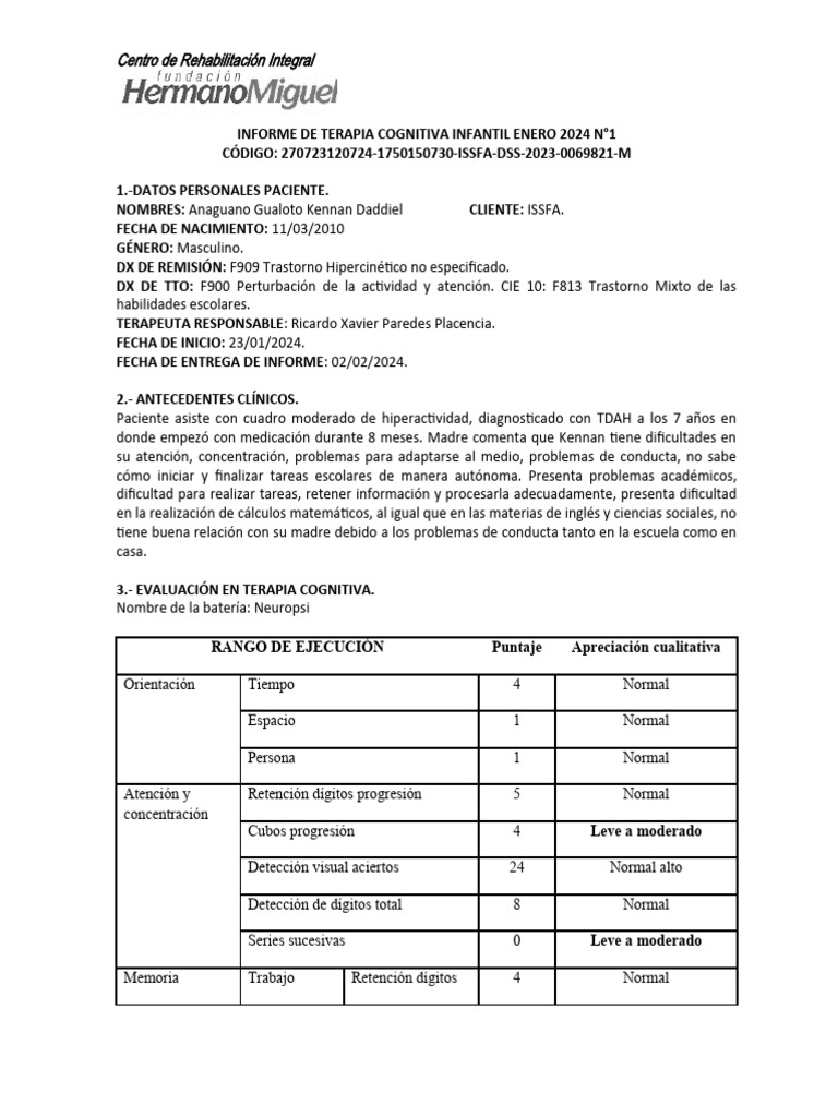 INF. T. COG. Anaguano Kennan | PDF | Memoria | Trastorno mental