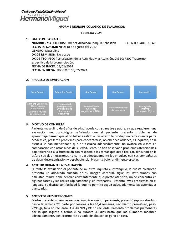 INF 1 NEUROPSICOLÓGICO JIMENEZ ARBOLEDA JOAQUIN SEBASTIAN | PDF ...