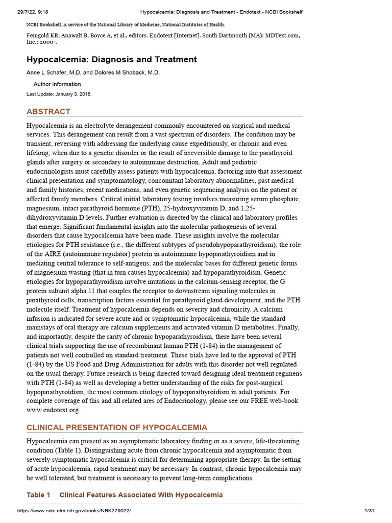 Hypocalcemia - Diagnosis and Treatment - Endotext - NCBI Bookshelf | PDF | Vitamin D ...