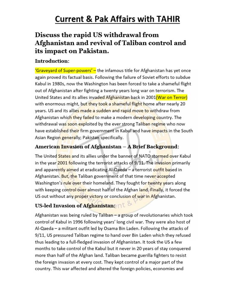US Withdrawal and Taliban's Impact on Pakistan | PDF | Afghanistan ...