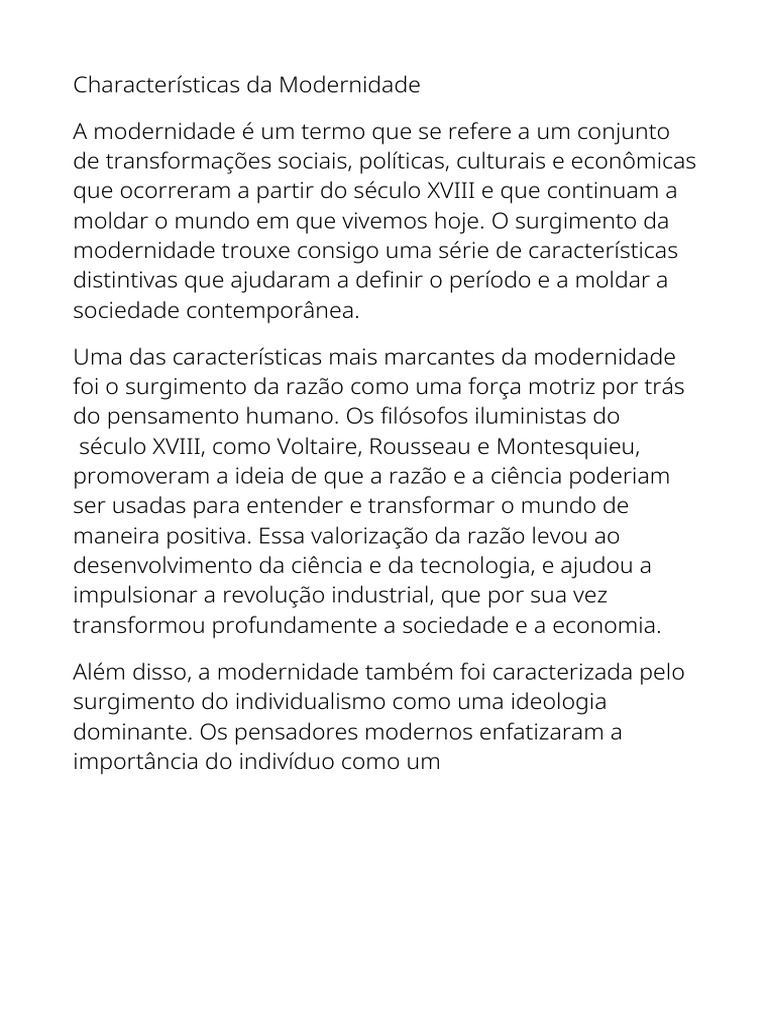 Características Da Modernidade | Download grátis PDF | Modernidade | Sociologia