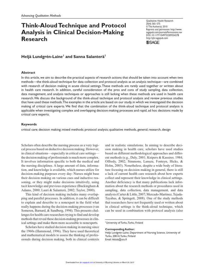 Think-Aloud & Protocol Analysis in Care | PDF | Decision Making | Memory