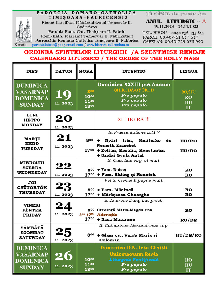 Timișoara II Catholic Mass Schedule | PDF