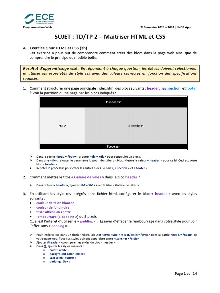 TD-TP 2 - Maitriser HTML Et CSS - ING3 App 2024 | PDF