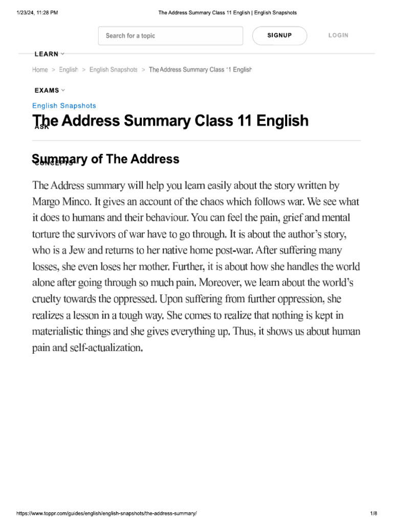 The Address Summary Class 11 | PDF