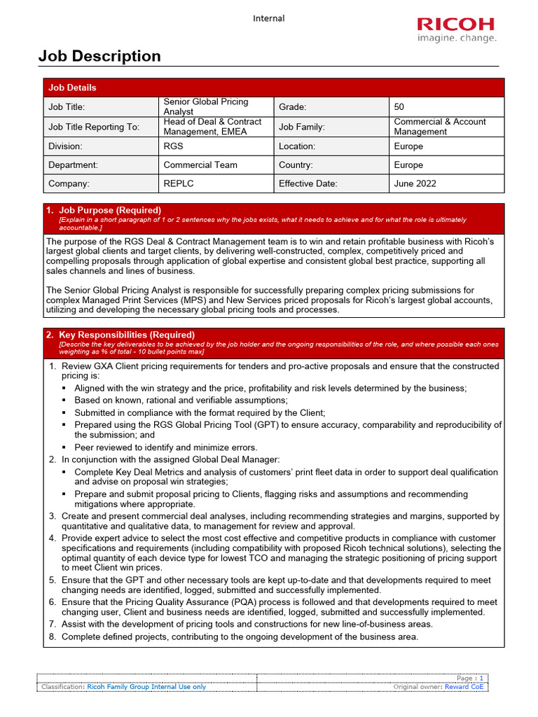 RGS Global Senior Pricing Analyst Job Description 220616 | PDF ...