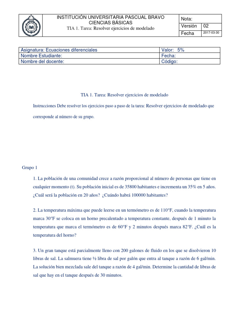 Unidad 1. TIA 1. Tarea Resolver Ejercicios de Modelado. 2024 | PDF | sal | Agua