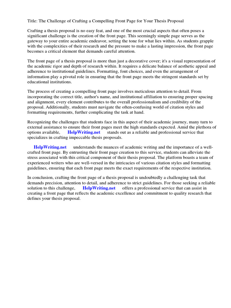 Front Page of Thesis Proposal | PDF