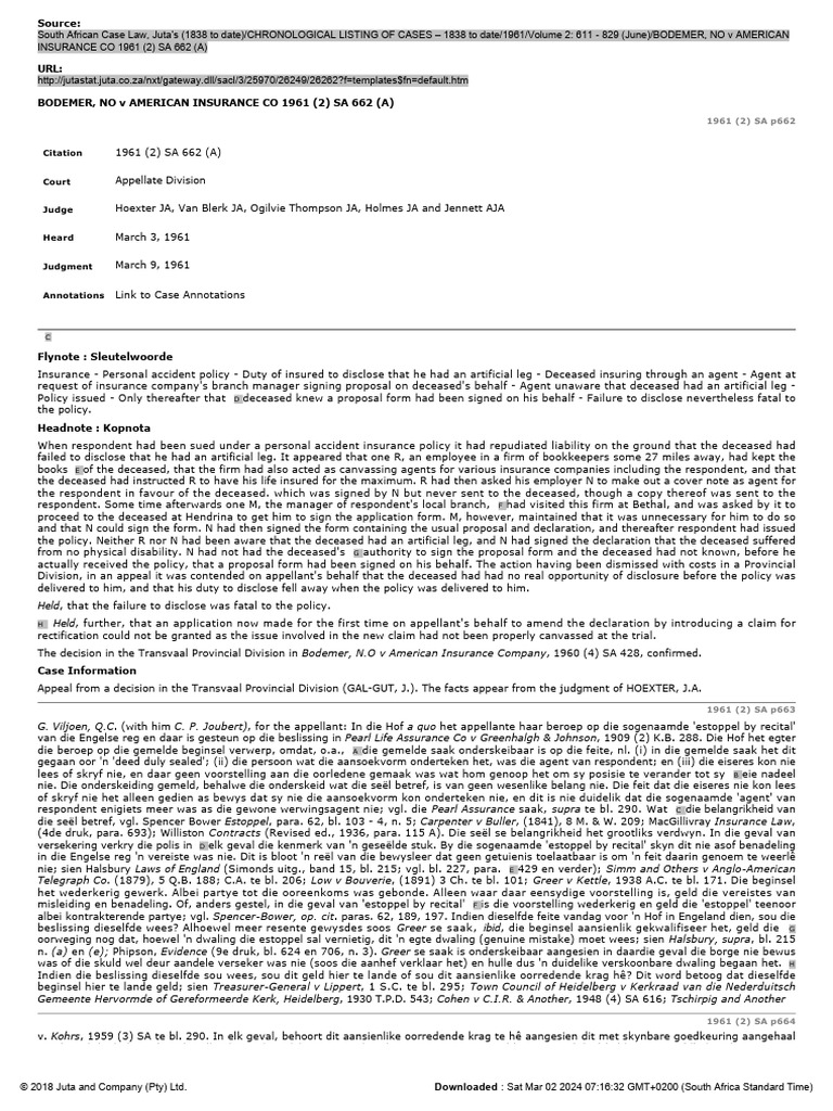BODEMER, NO V AMERICAN INSURANCE CO 1961 (2) SA 662 (A) | Download Free PDF | Insurance | Life ...