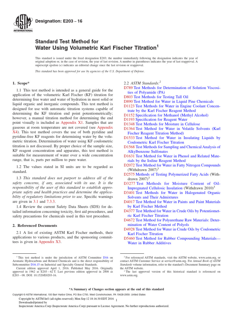 ASTM E203-16 - Water Using Volumetric Karl Fischer Titration | PDF | Titration | Chemistry