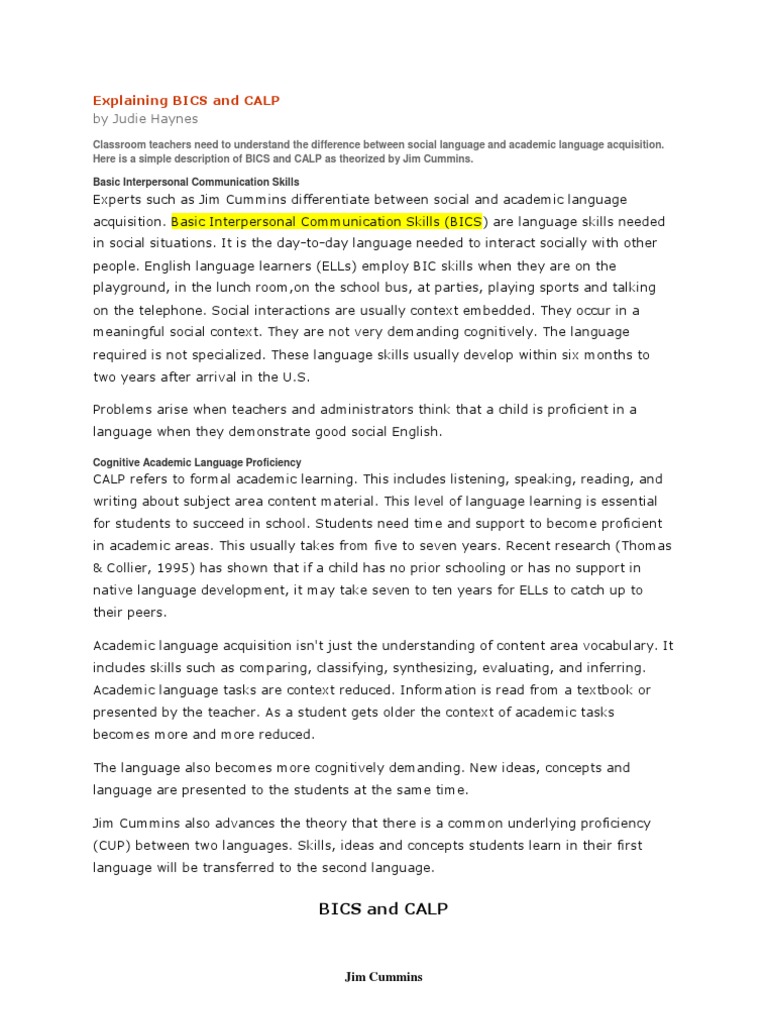 Understanding BICS and CALP in Education | PDF | English As A Second Or ...