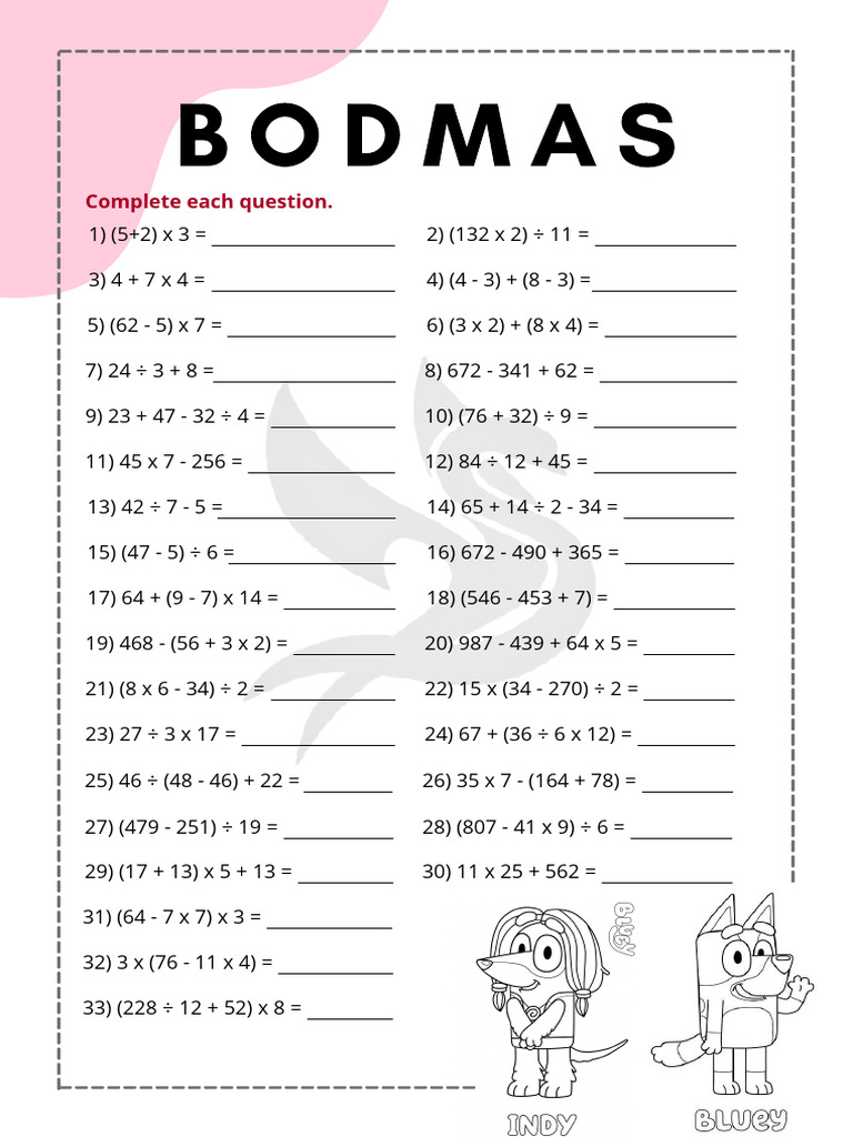 Bodmas Worksheet Bluey For Kids | PDF