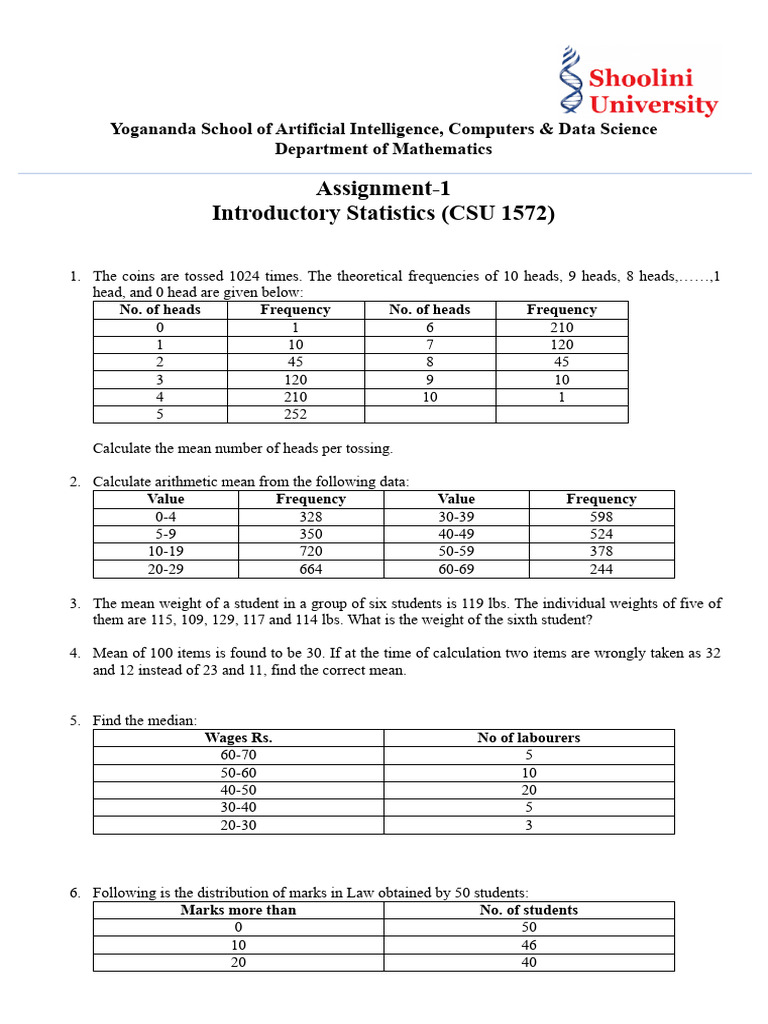 Introductory Statistics - Assignment 1 | PDF | Arithmetic Mean | Salary