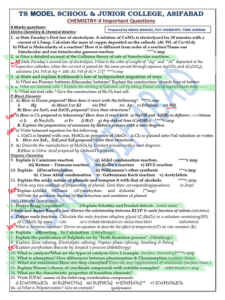 Chemistry-2 Imp Questions IPE 2024 | PDF