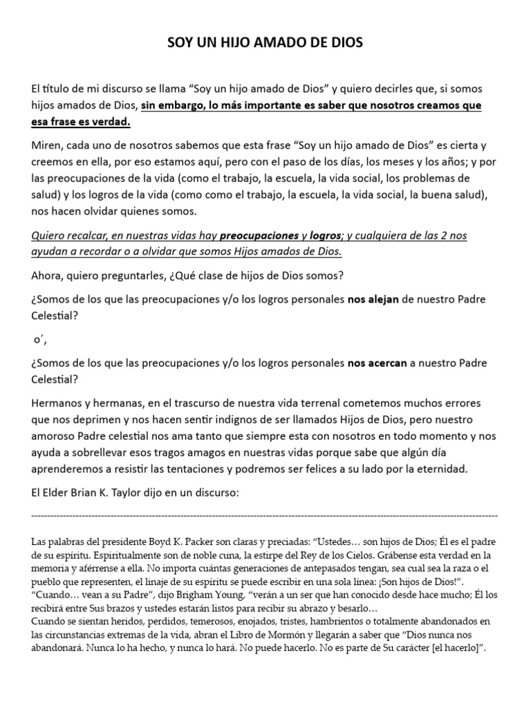 Discurso SOY UN HIJO AMADO DE DIOS PDF | PDF | Cocina, comidas y vino | Relaciones personales ...
