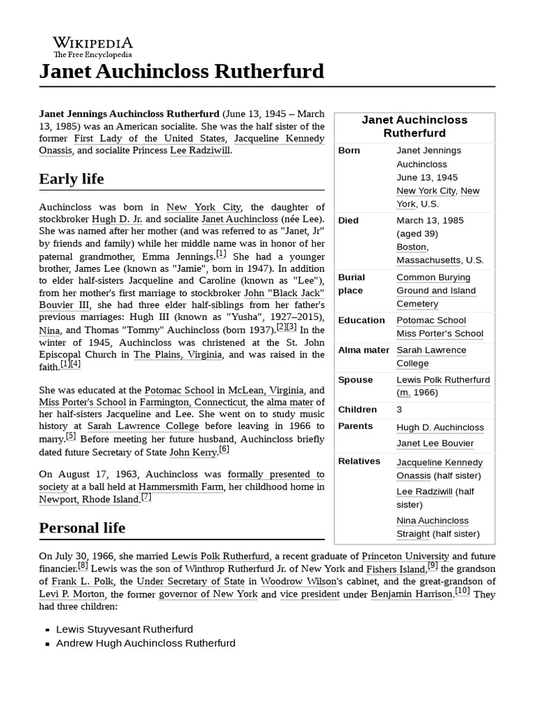 Janet Auchincloss Rutherfurd Biography | PDF | American Socialites ...