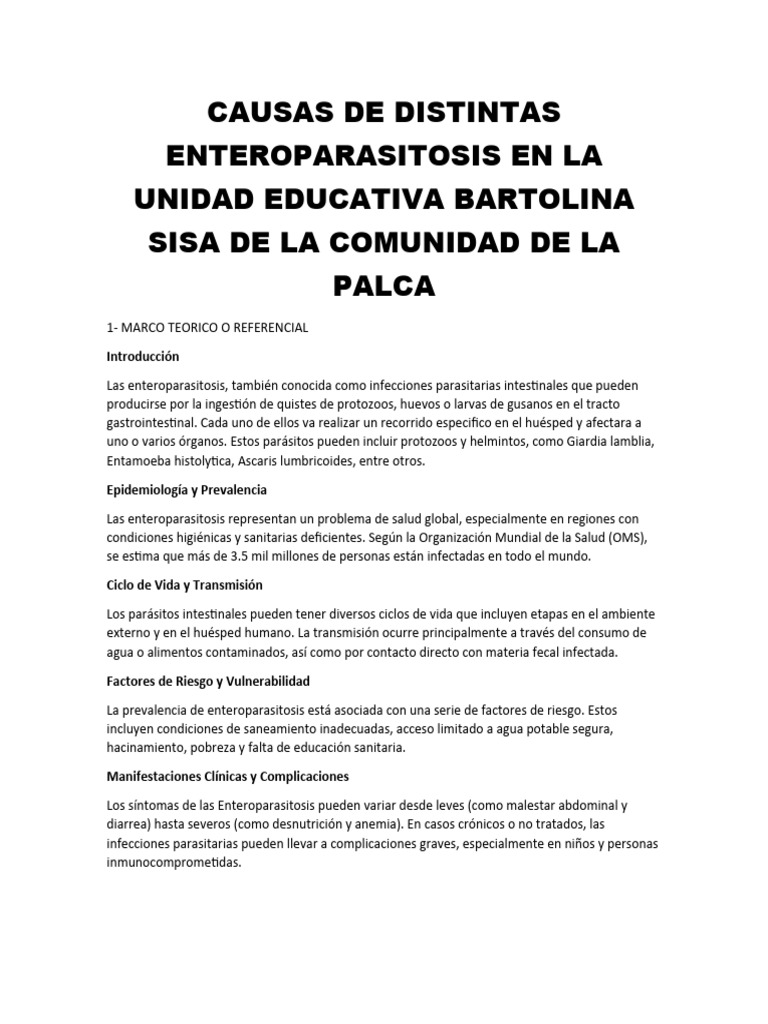 Causas de Distintas Enteroparasitosis en La Unidad Educativa Bartolina ...