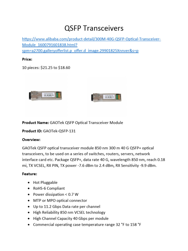 QSFP Transceivers | PDF | Telecommunications Engineering | Computer Networking