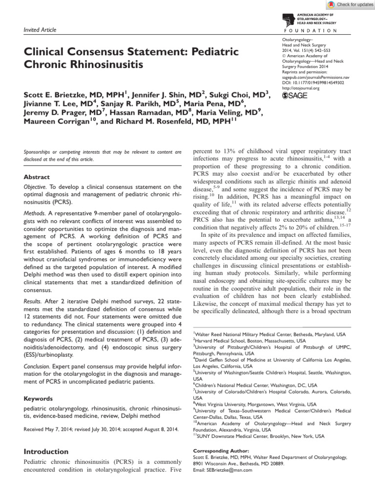 Clinical Consensus Statement Pediatric Chronic Rhinosinusitis | PDF | Surgery | Systematic Review