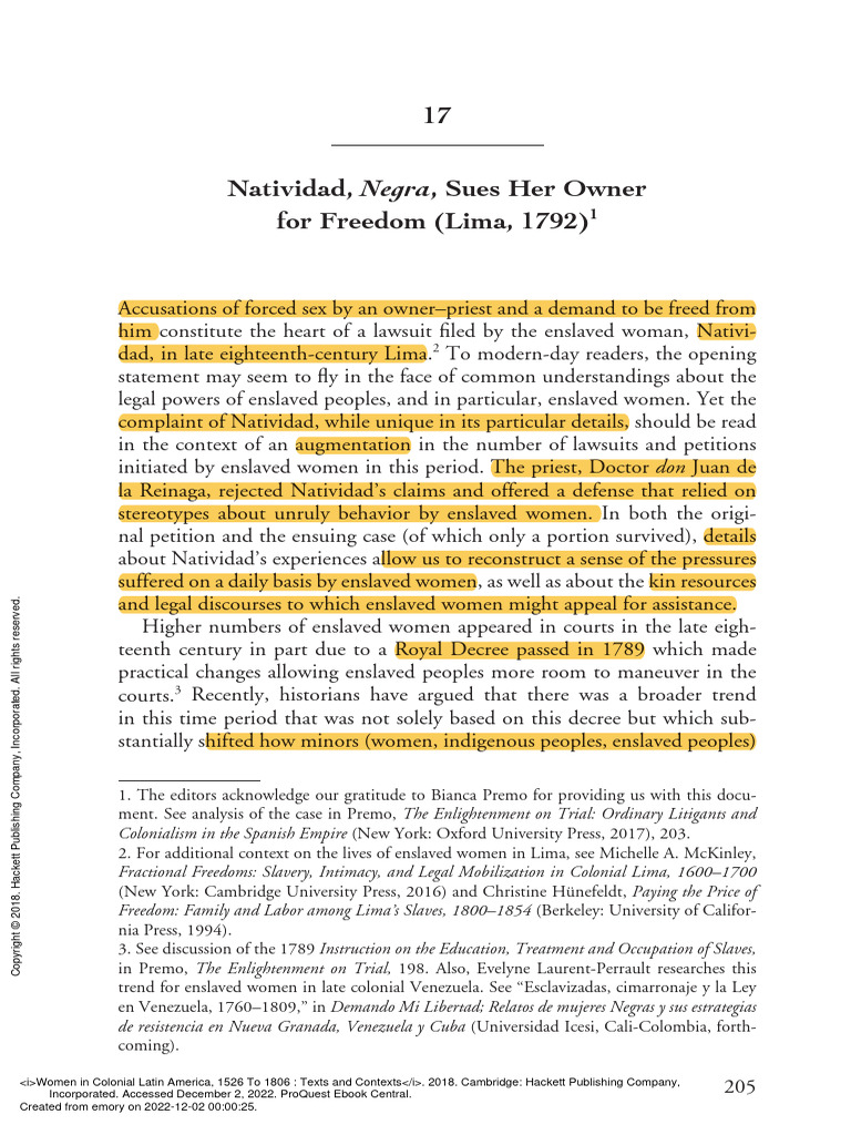 Natividad, Negra, Sues Her Owner For Freedom (Lima 1792) | PDF | Slavery | Lawsuit