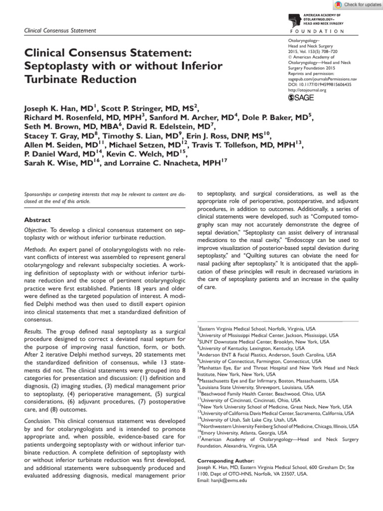 Clinical Consensus Statement Septoplasty With or Without InferiorTurbinate Reduction | PDF ...
