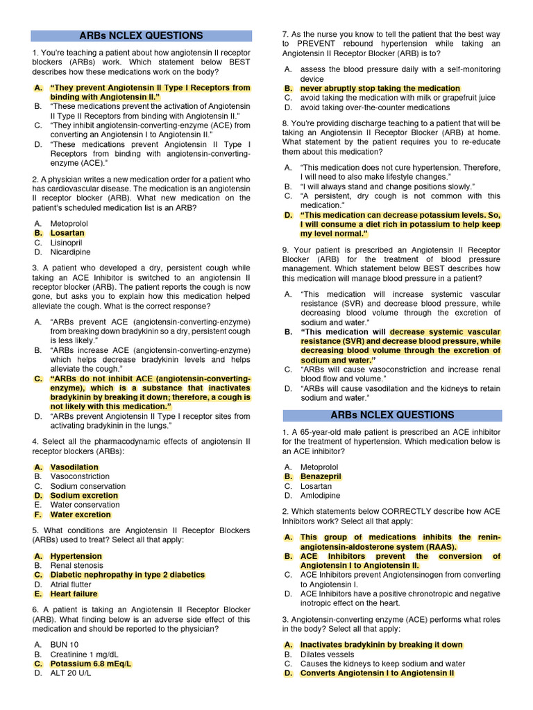 ACE AND ARBs PRACTICE QUESTIONS HIghlighted | PDF | Angiotensin ...