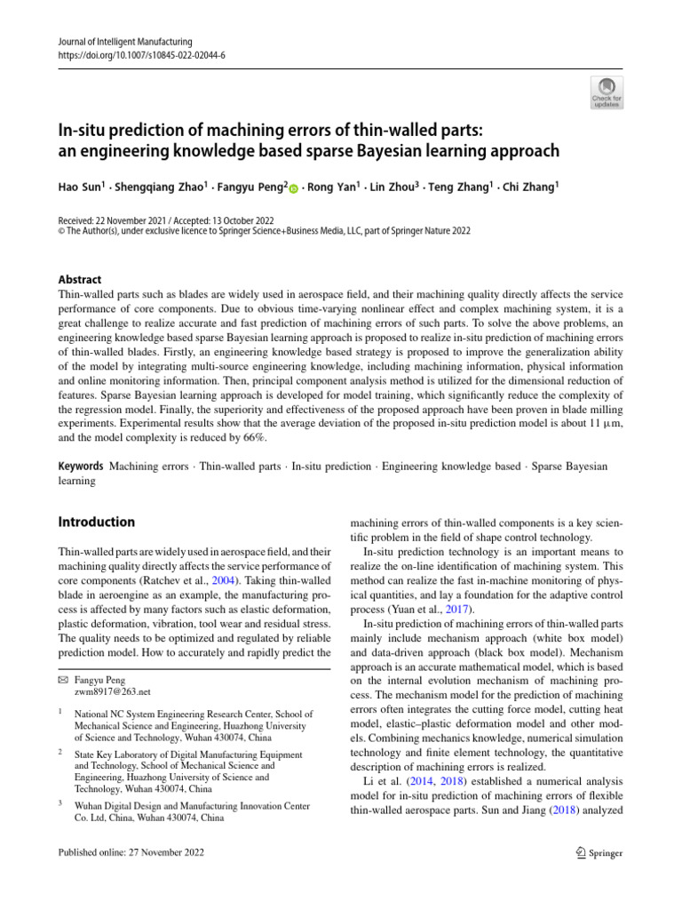 In Situ Prediction Of Machining Errors Of Thin Walled Parts An Engineering Knowledge Based