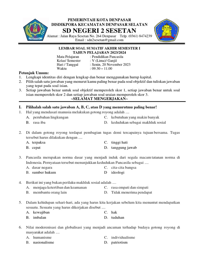 SOAL SAS Pendidikan Pancasila Kelas V | PDF