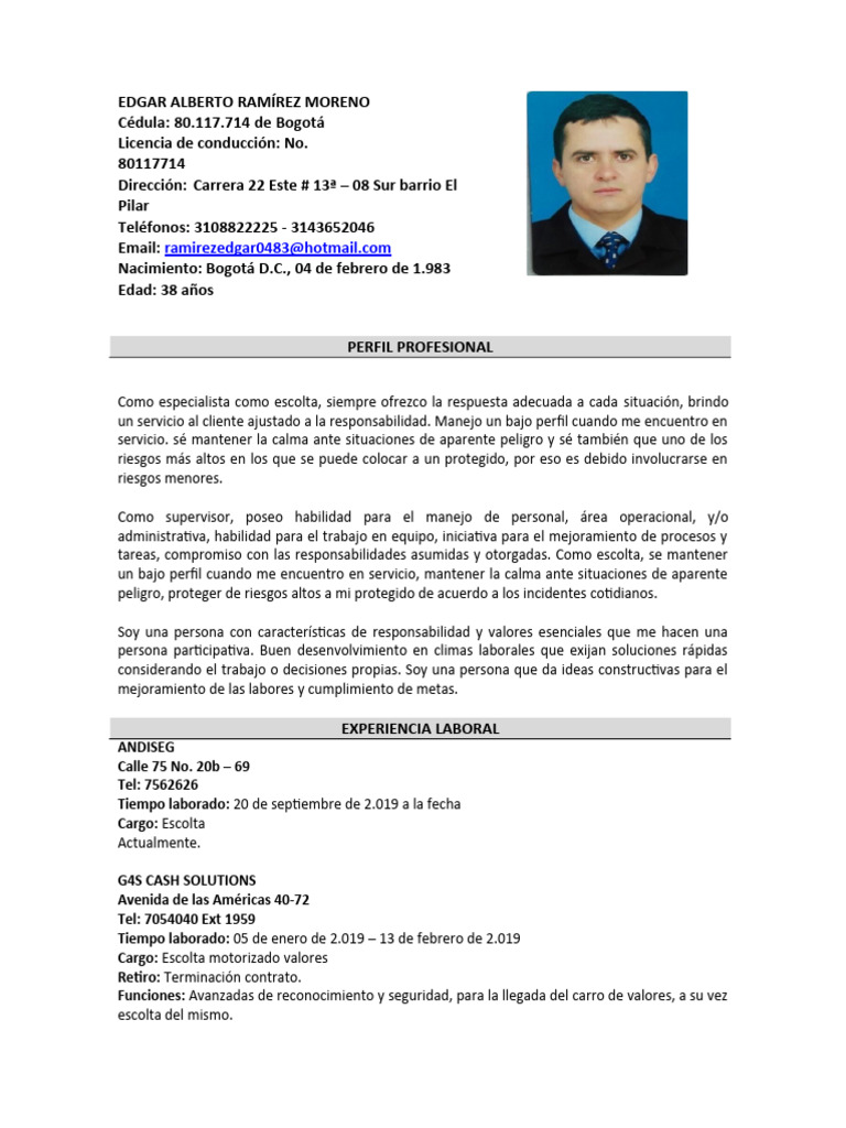 Hoja de Vida Edgar Ramirez | PDF