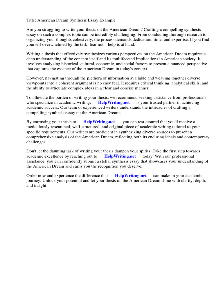American Dream Synthesis Essay Example | PDF | American Dream | Essays