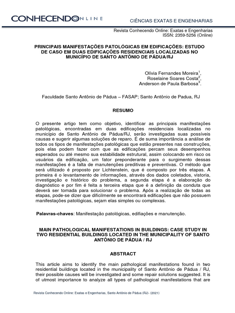 PRINCIPAIS MANIFESTAÇÕES PATOLÓGICAS EM EDIFICAÇÕES ESTUDO DE CASO EM ...