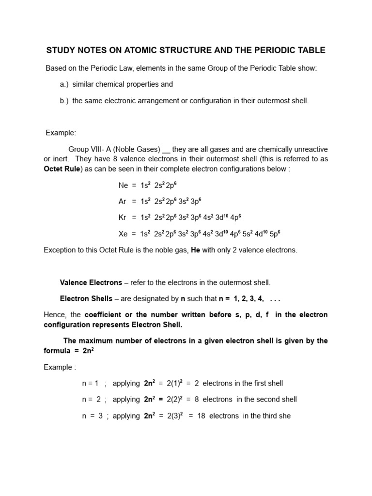 Study Notes On Atomic Structure and The Periodic Table | PDF