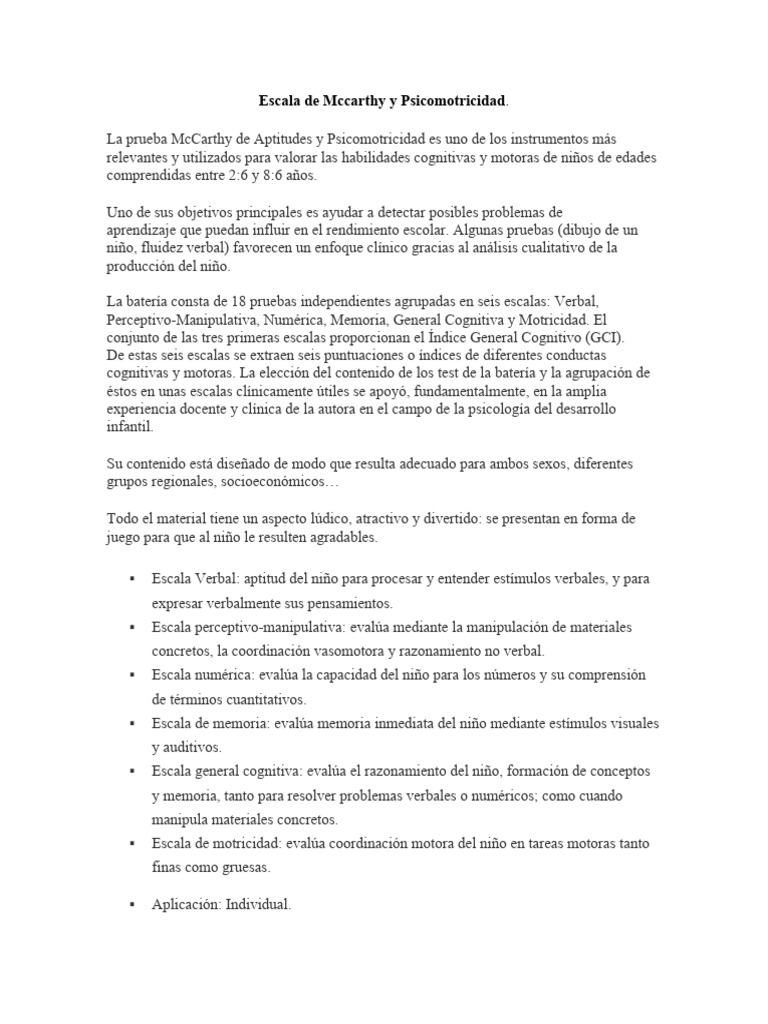 Escala de Mccarthy y Psicomotricidad | PDF | Memoria | Sicología