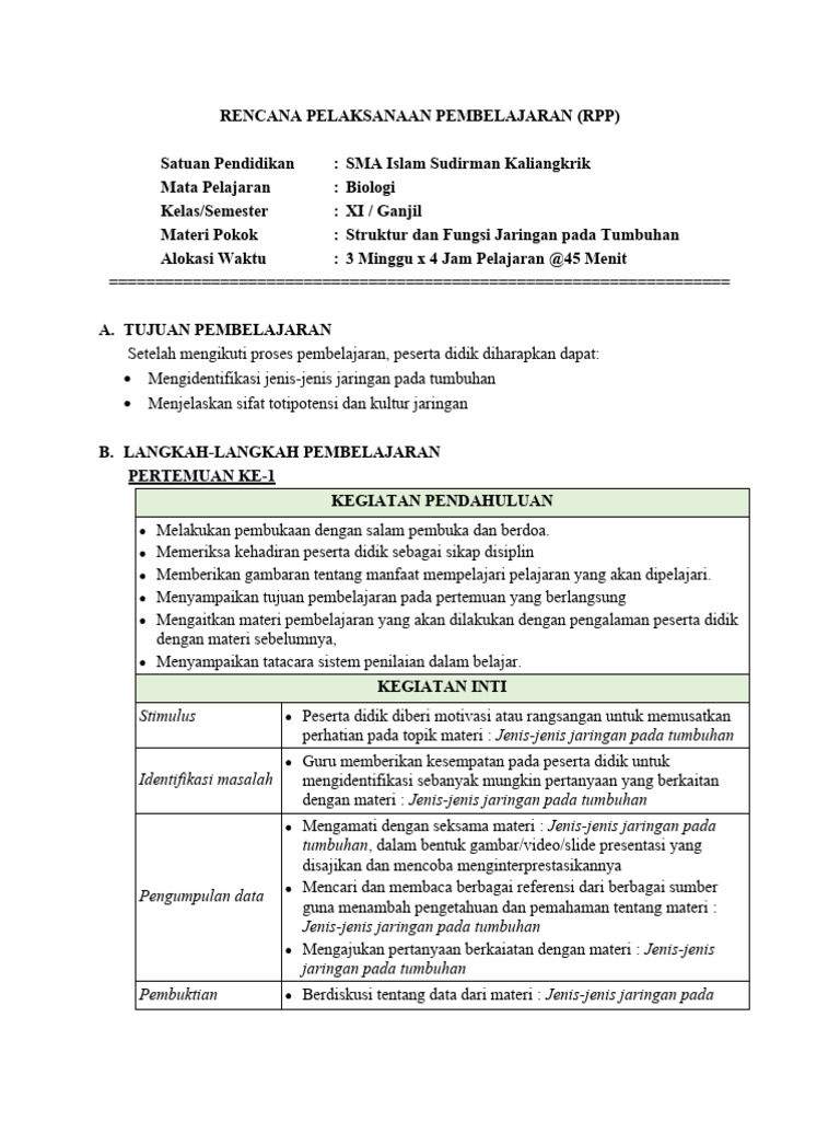 RPP Biologi XI - Jaringan Tumbuhan | PDF