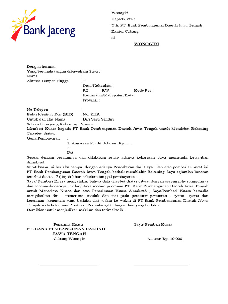 Surat Kuasa Bank Jateng | PDF | Pengelolaan Keuangan & Uang