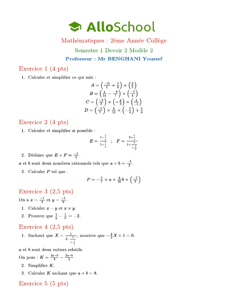 Math 2ac Semestre 1 Devoir 2 Modele 2 1 | PDF
