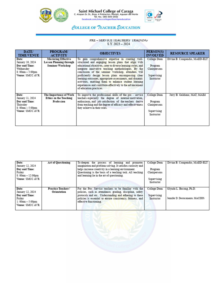 Pre-Service Teacher Training 2024 | PDF | Teachers | Lesson Plan