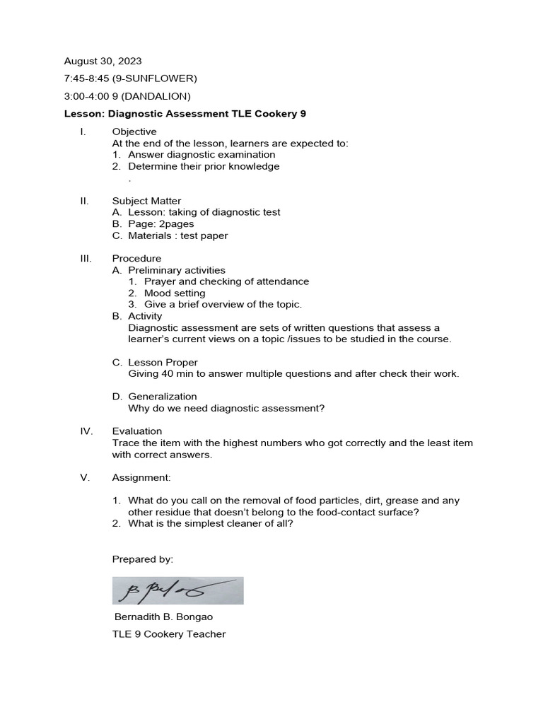 Diagnostic Test-Lesson Plan | PDF