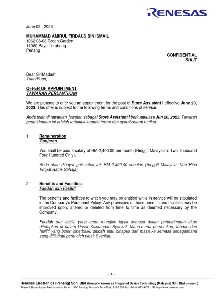 Offer Letter for Store Assistant I | PDF | Business | Labor