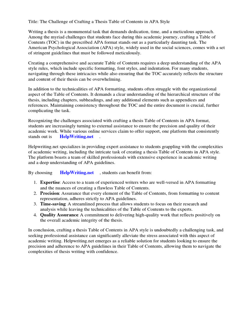 Thesis Table of Contents Sample Apa | PDF | Apa Style | Citation