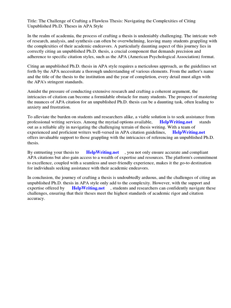 How To Cite Unpublished PHD Thesis Apa | PDF