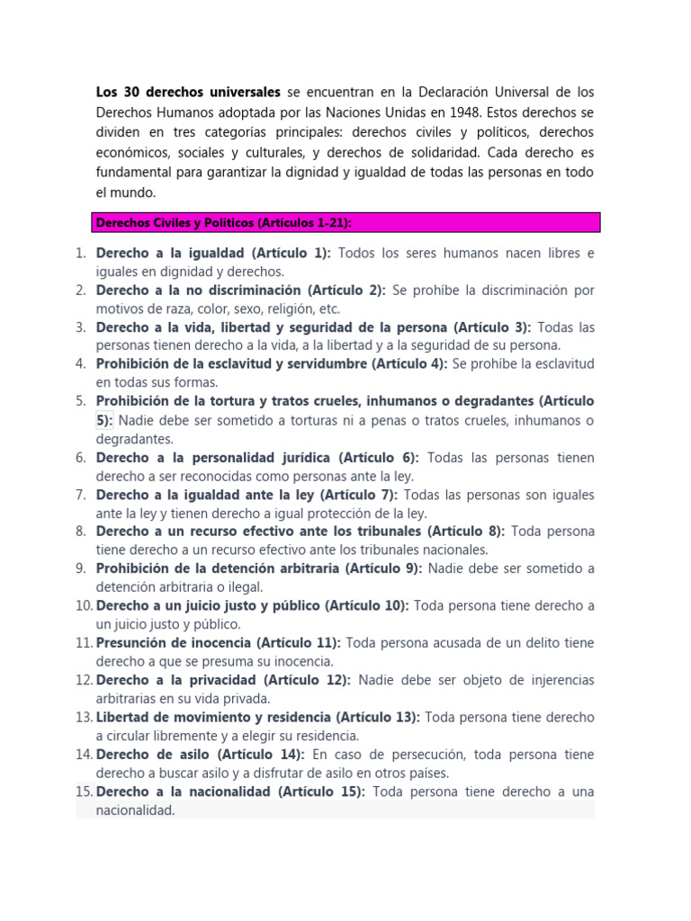Los 30 Derechos Universales | PDF