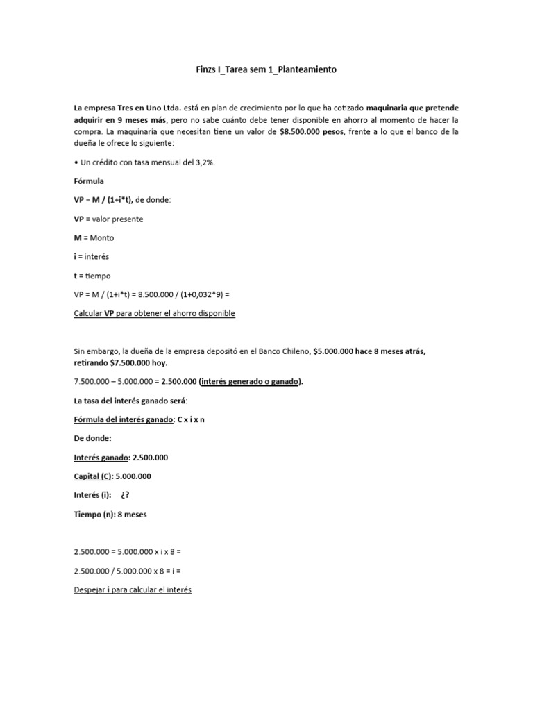 Finzs I - Tarea Sem 1 - Planteamiento | PDF | Negocios