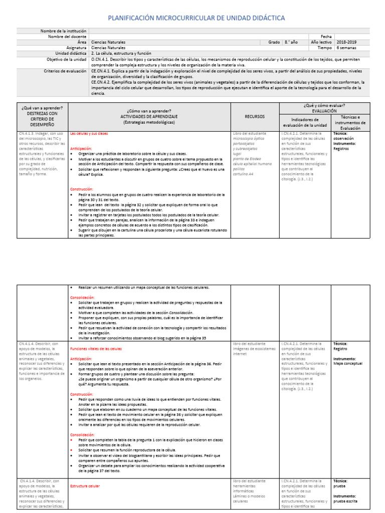 Planificación Microcurricular de Unidad Didáctica: Las Células y Sus Clases | PDF | Biología ...