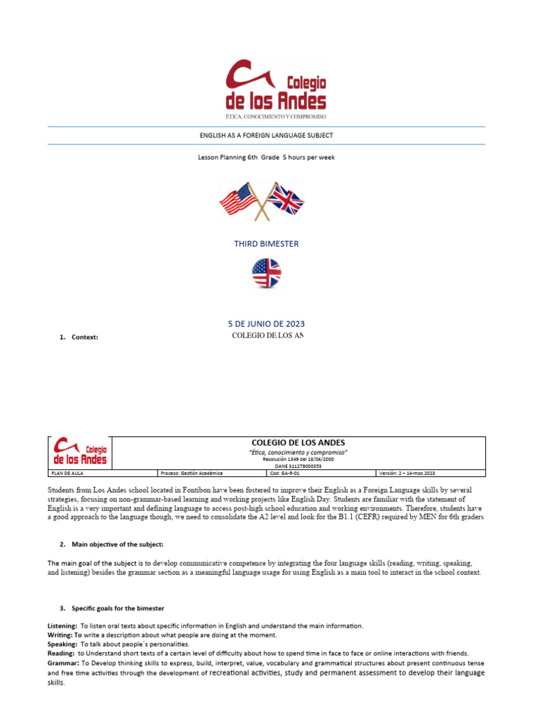 Lesson Plan 6th Grade - III Bimester | PDF | Lesson Plan | English As A Second Or Foreign Language