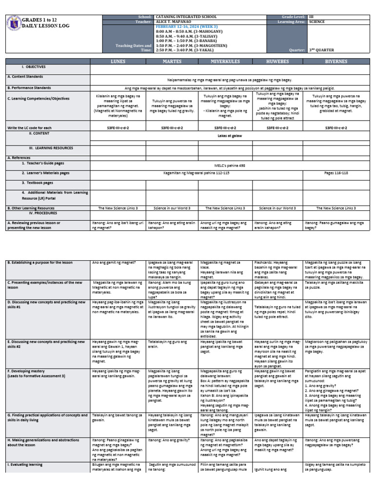 DLL - Science 3 - Q3 - W3 | PDF