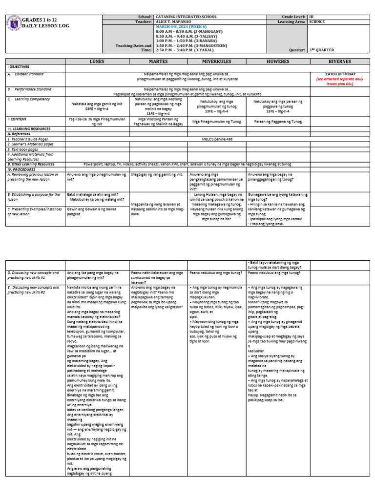 DLL - Science 3 - Q3 - W6 | PDF